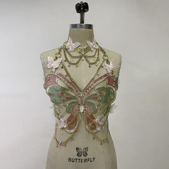 Butterfly embroidery metal chain halter top with choker – NattyFashun